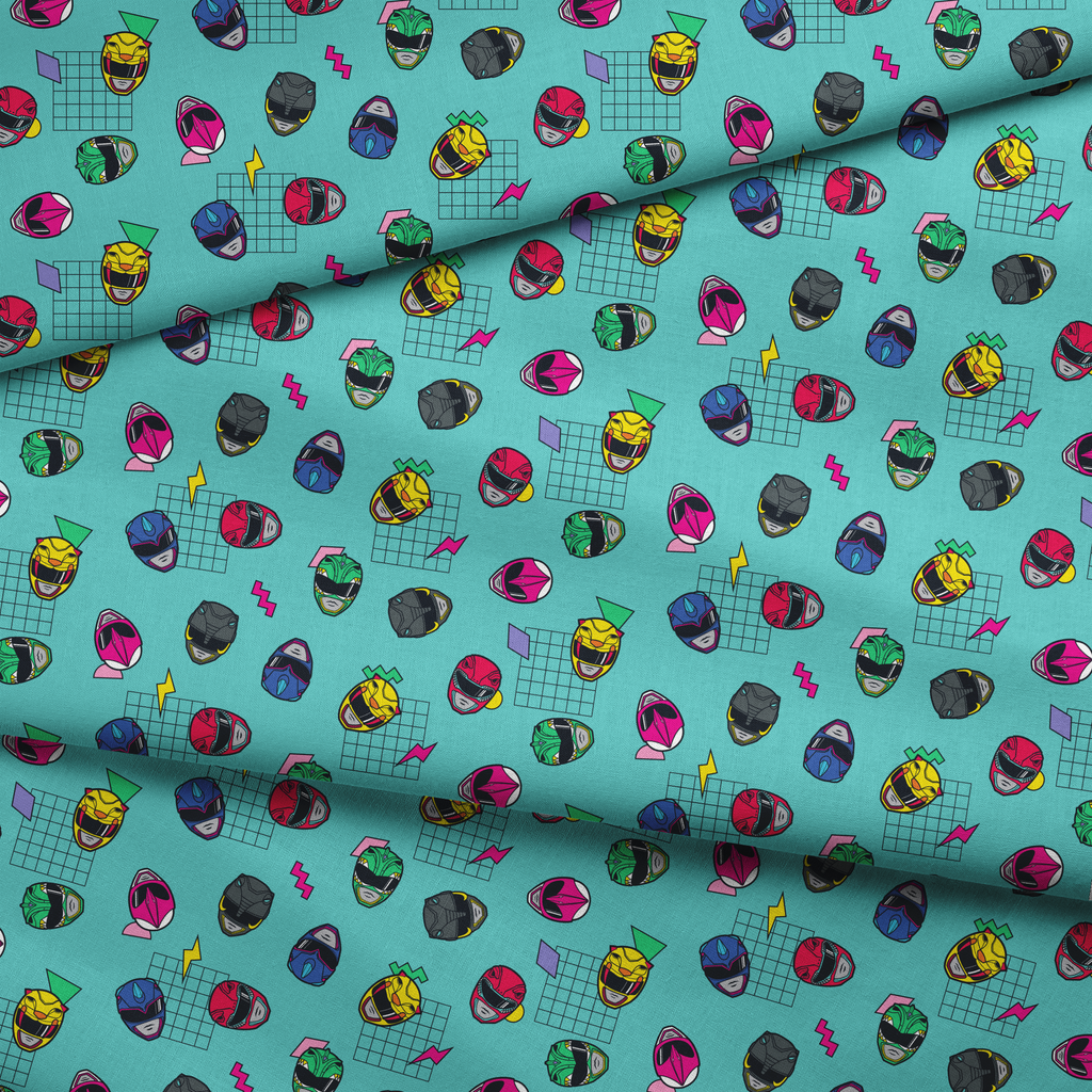 Hasbro Power Rangers Helmet on Teal | Fabric by the Yard