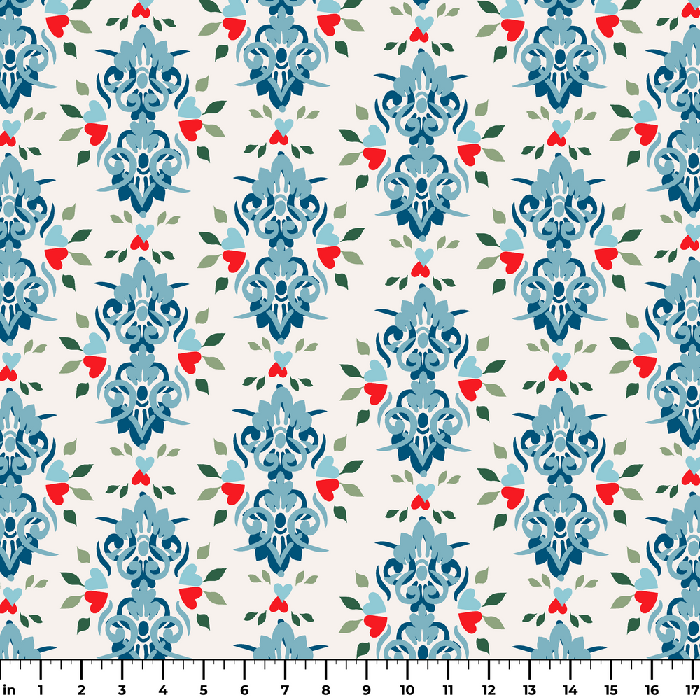 Hearts A Fire on Bayou Blue | Fabric by the Yard