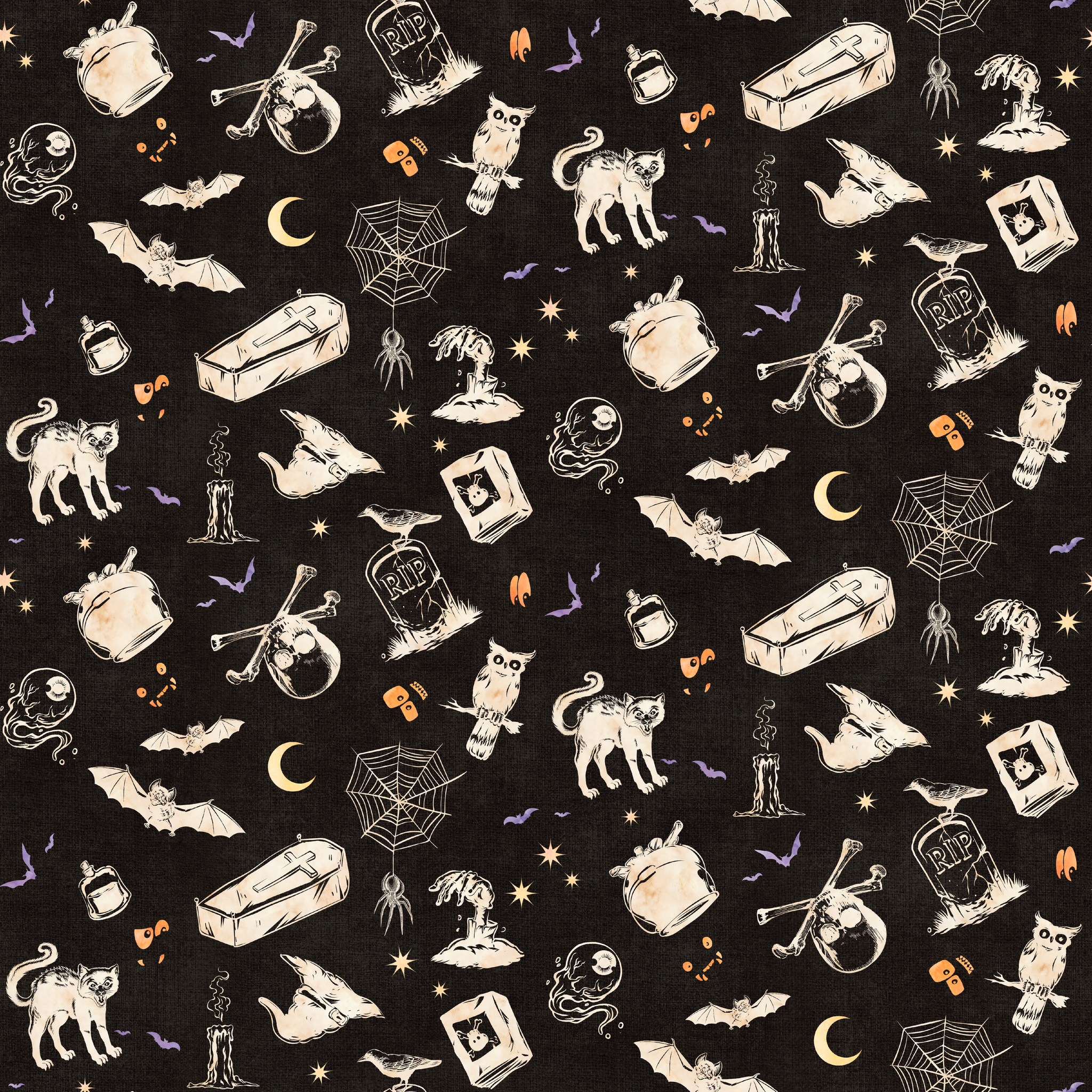 Kate Ward Thacker- Halloween Icons on Black | Fabric by the Yard