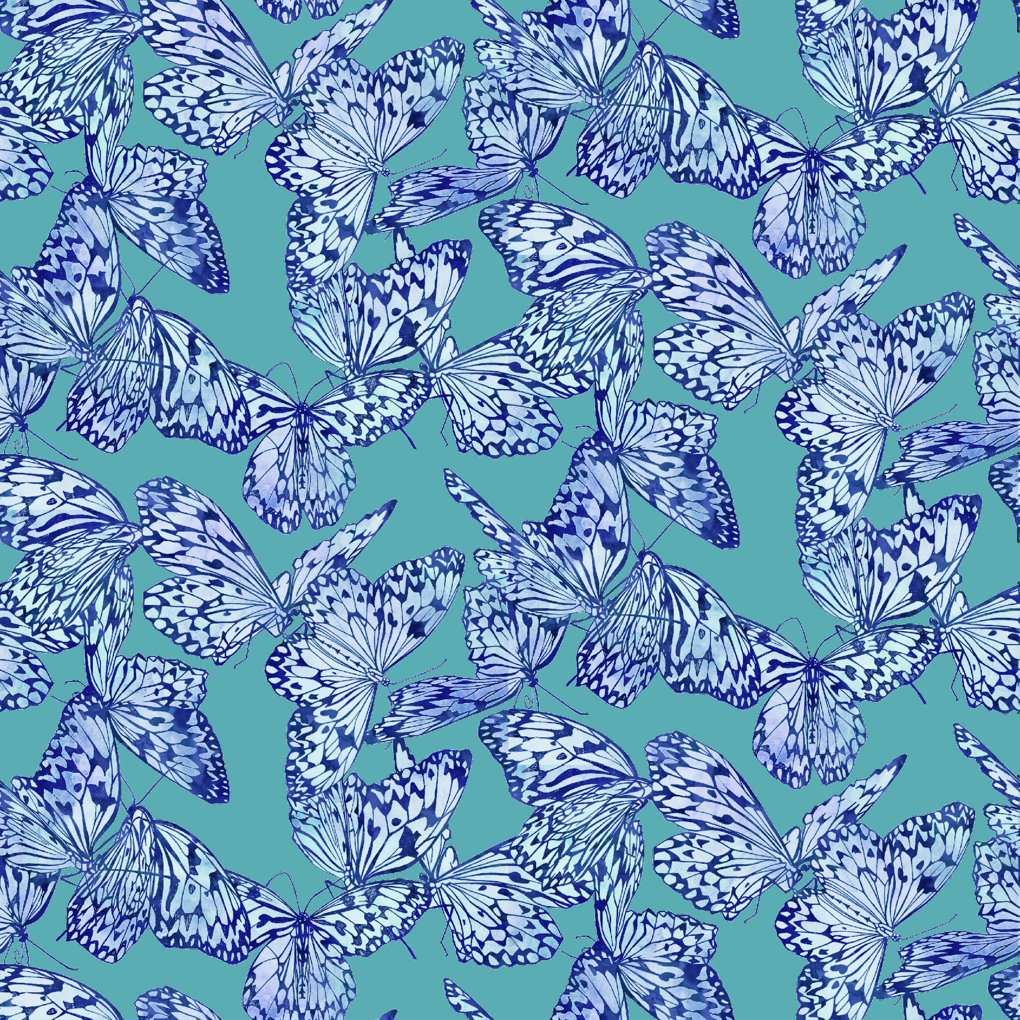 Kate Ward Thacker - Blue Butterflies on Teal Pattern | Fabric by the Yard