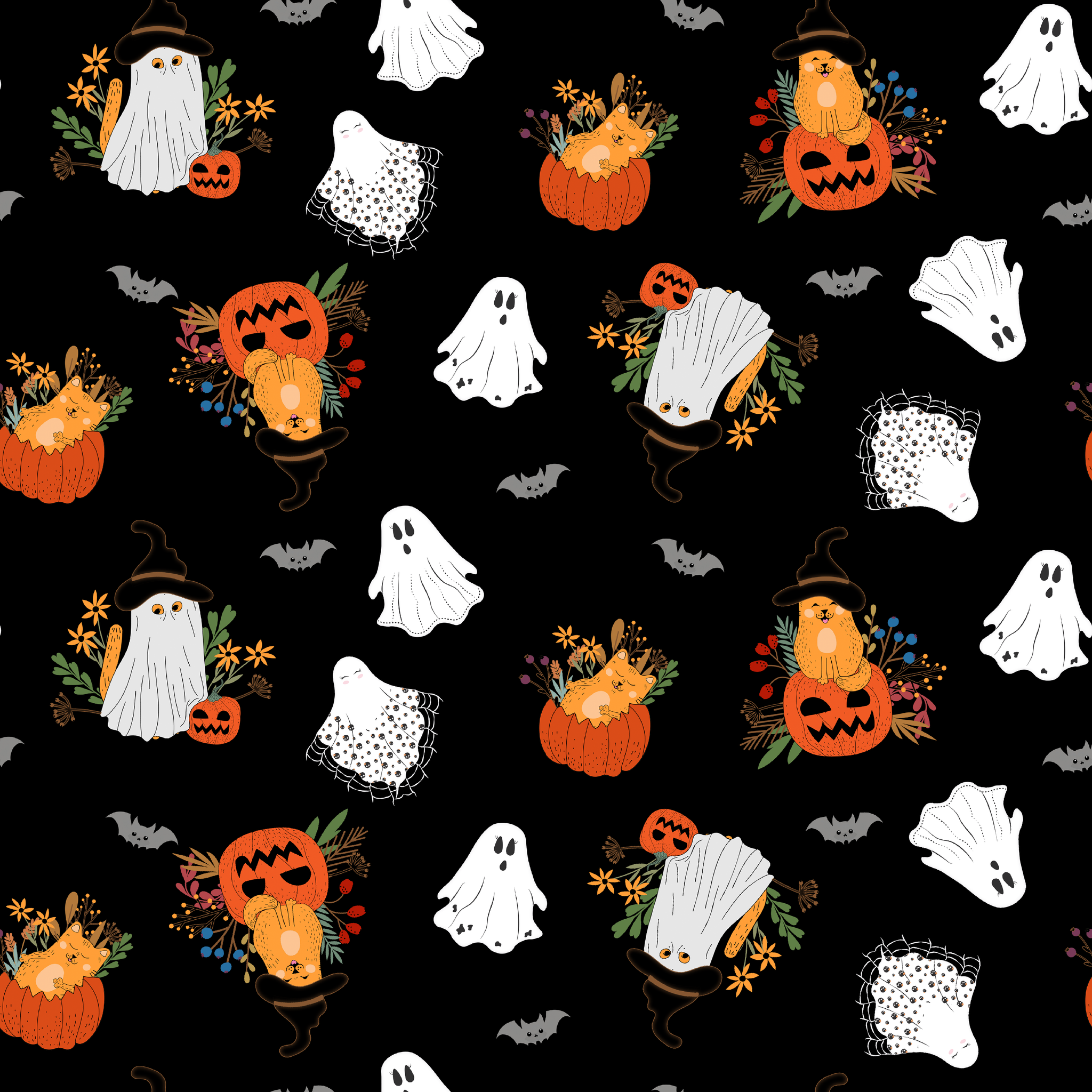 Kate Ward Thacker - Ghosts & Pumpkins - Black | Fabric by the Yard
