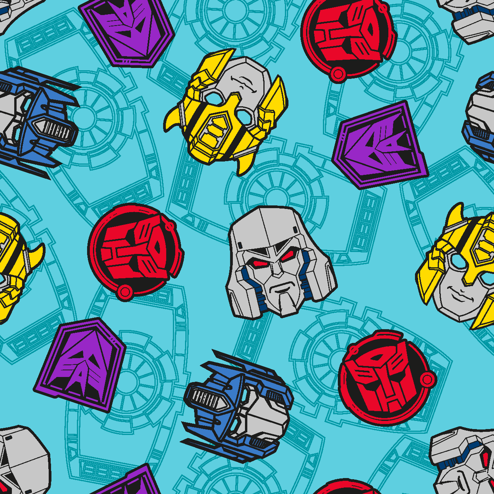 Hasbro Transformers Robot Heads on Turquoise | Fabric by the Yard