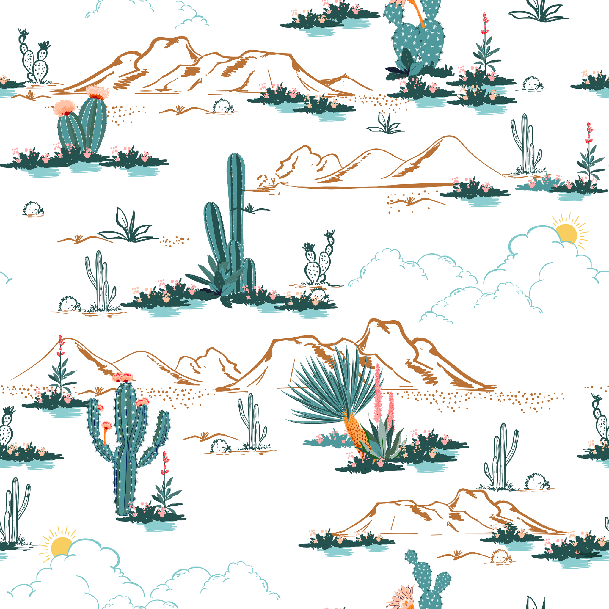 Kate Ward Thacker - Desert Cacti and Mountains Landscape | Fabric by ...