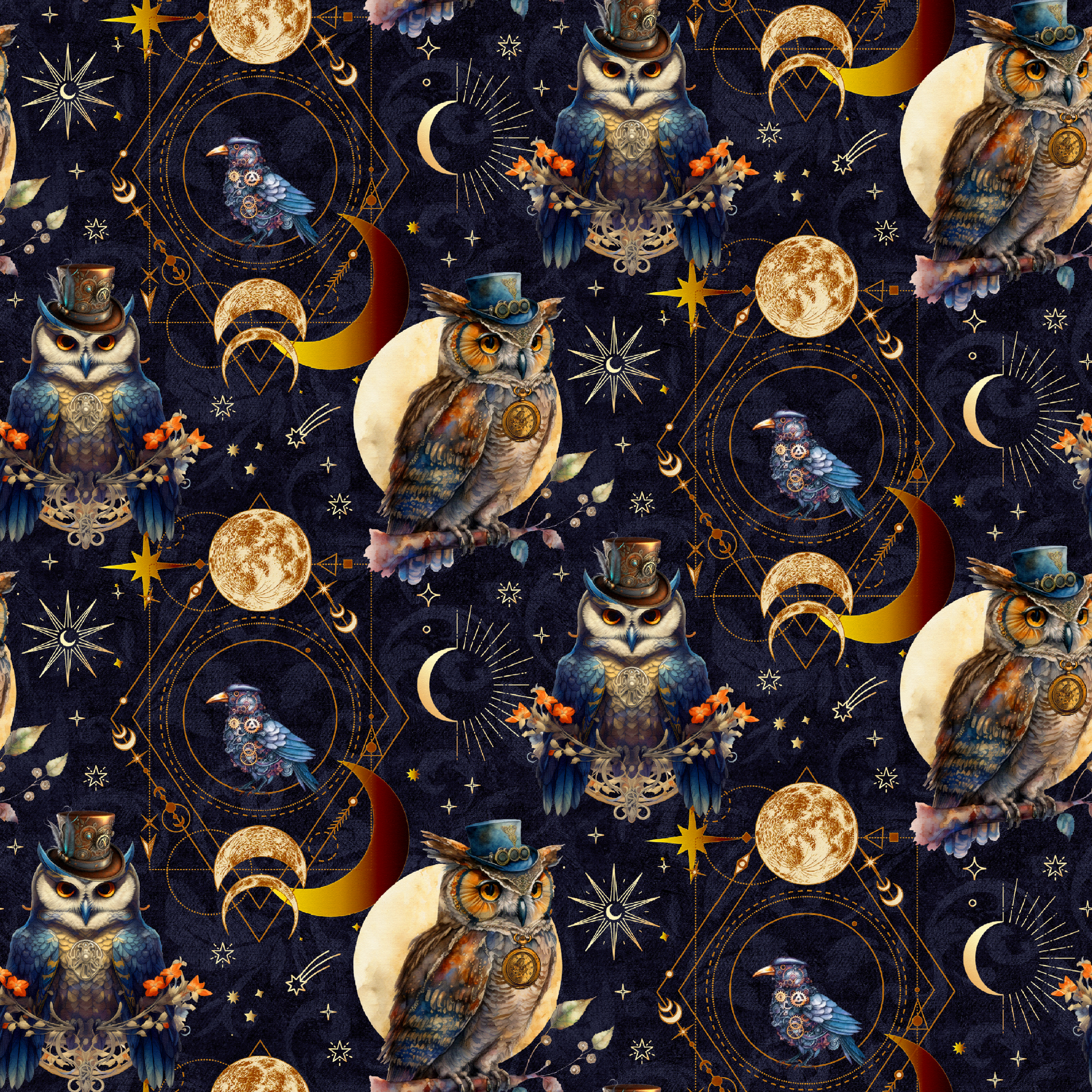 Kate Ward Thacker - Midnight Sages - Celestial Owls | Fabric by the Yard