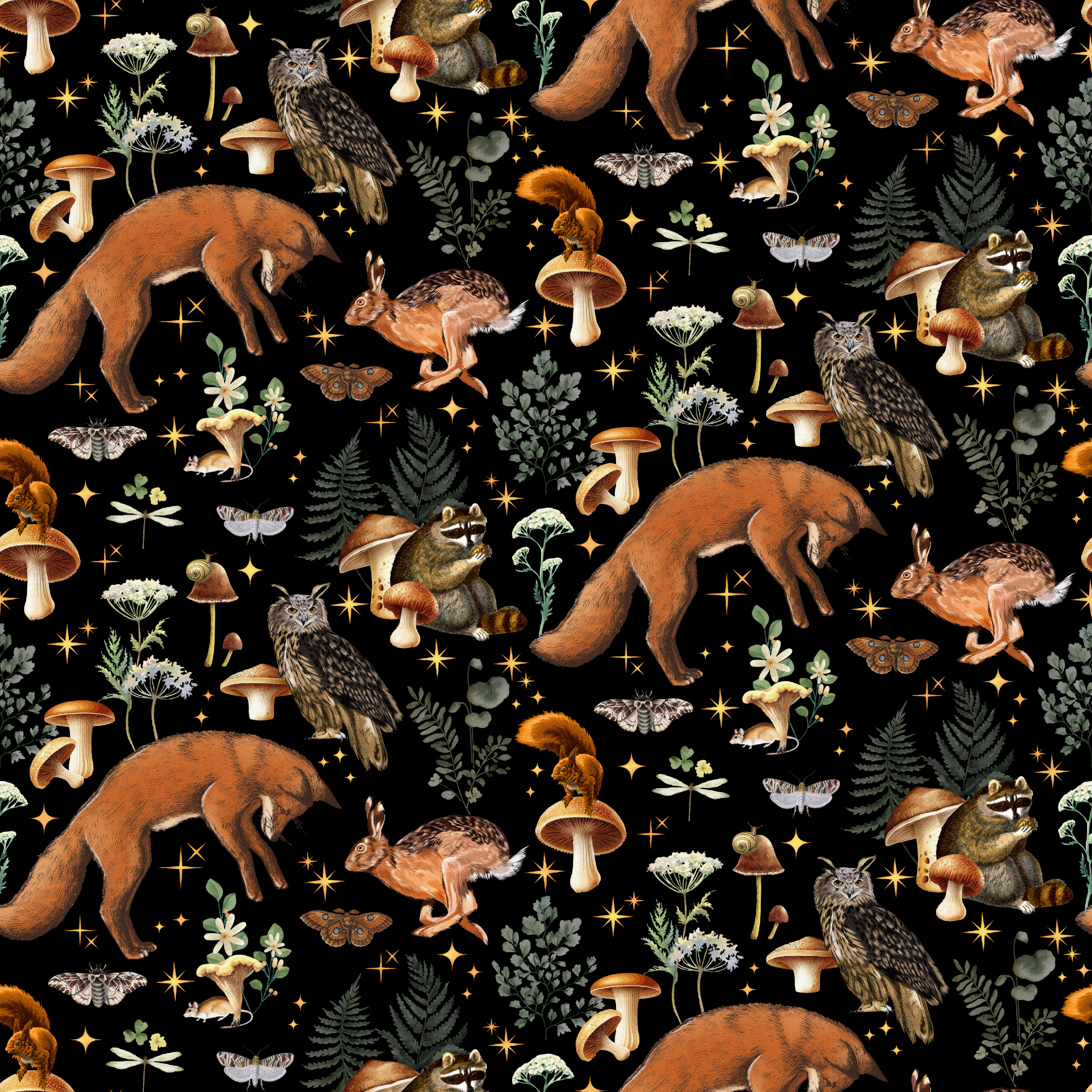 Kate Ward Thacker - Midnight Menagerie - Woodland Wildlife | Fabric by ...