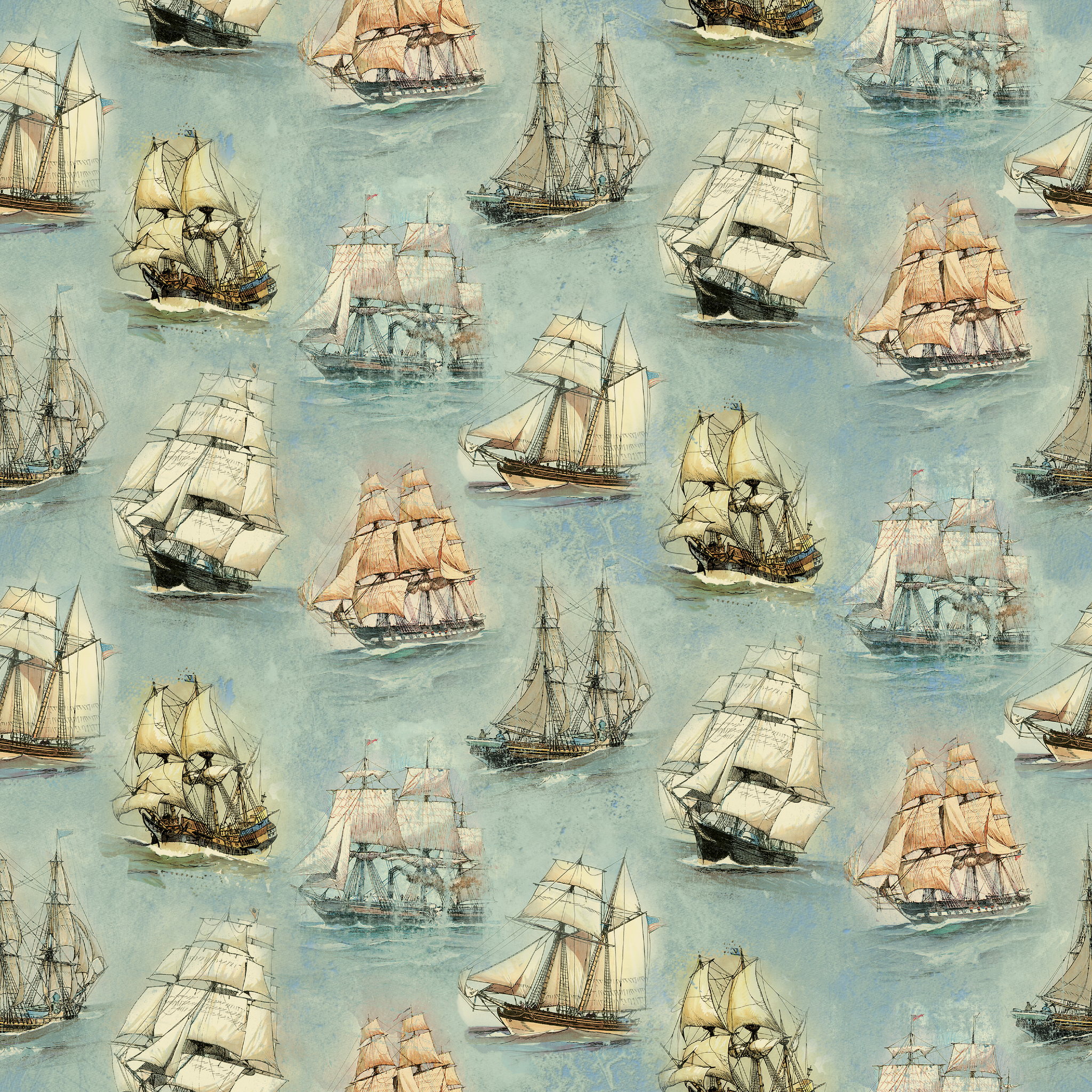 Kate Ward Thacker - Seafarer's Journey - Vintage Sailboats | Fabric by ...