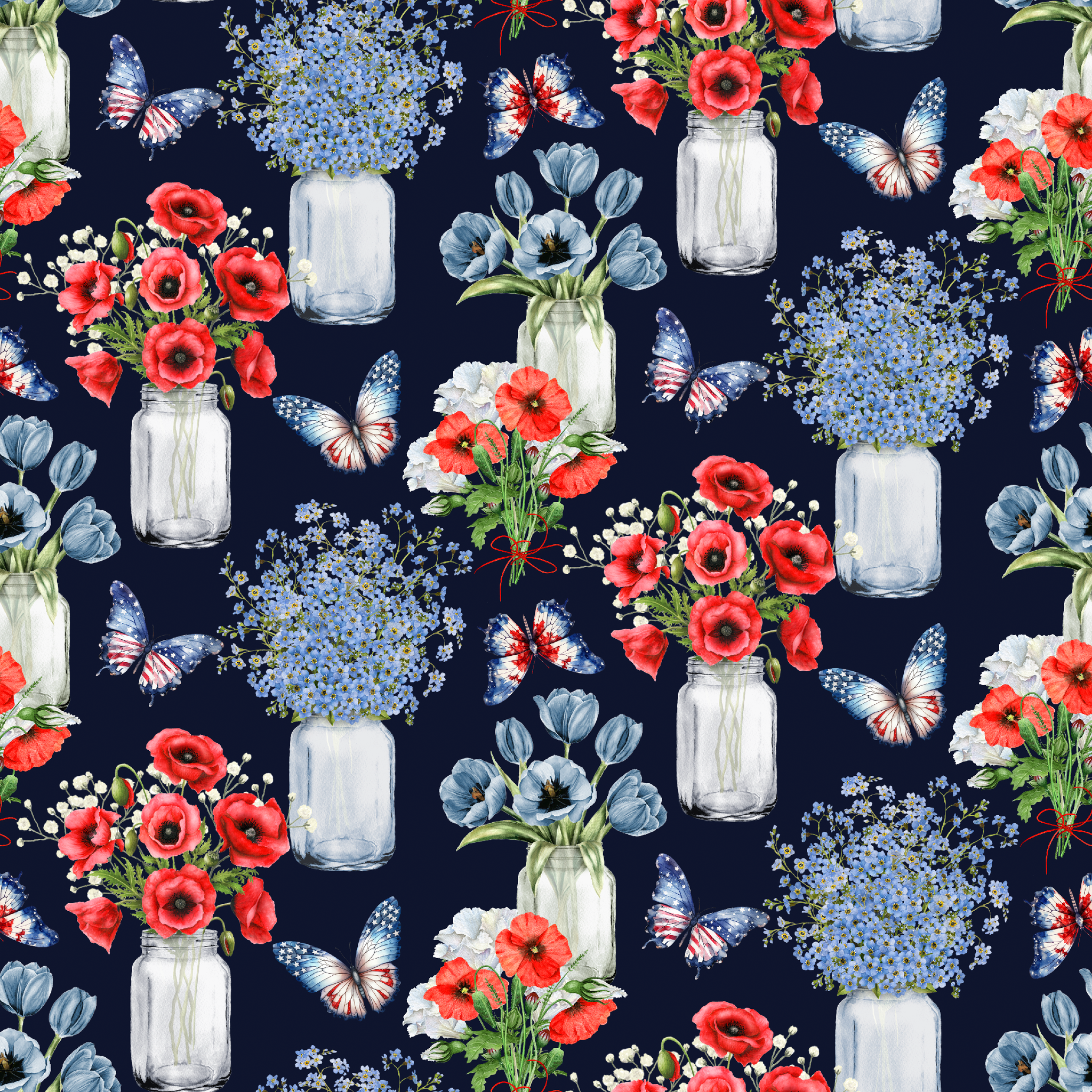 Kate Ward Thacker - Patriotic Blooms - Navy Floral Mason Jar | Fabric ...