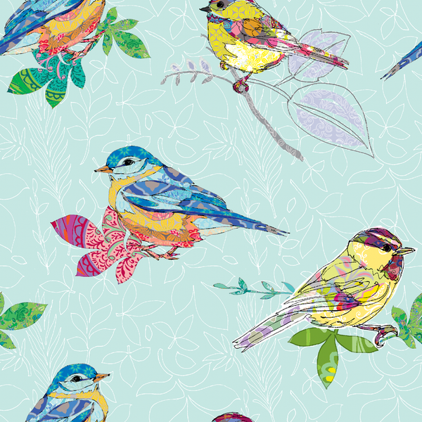 Tim Coffey - Songbird Collage - Mint Patchwork Birds | Fabric by the Yard