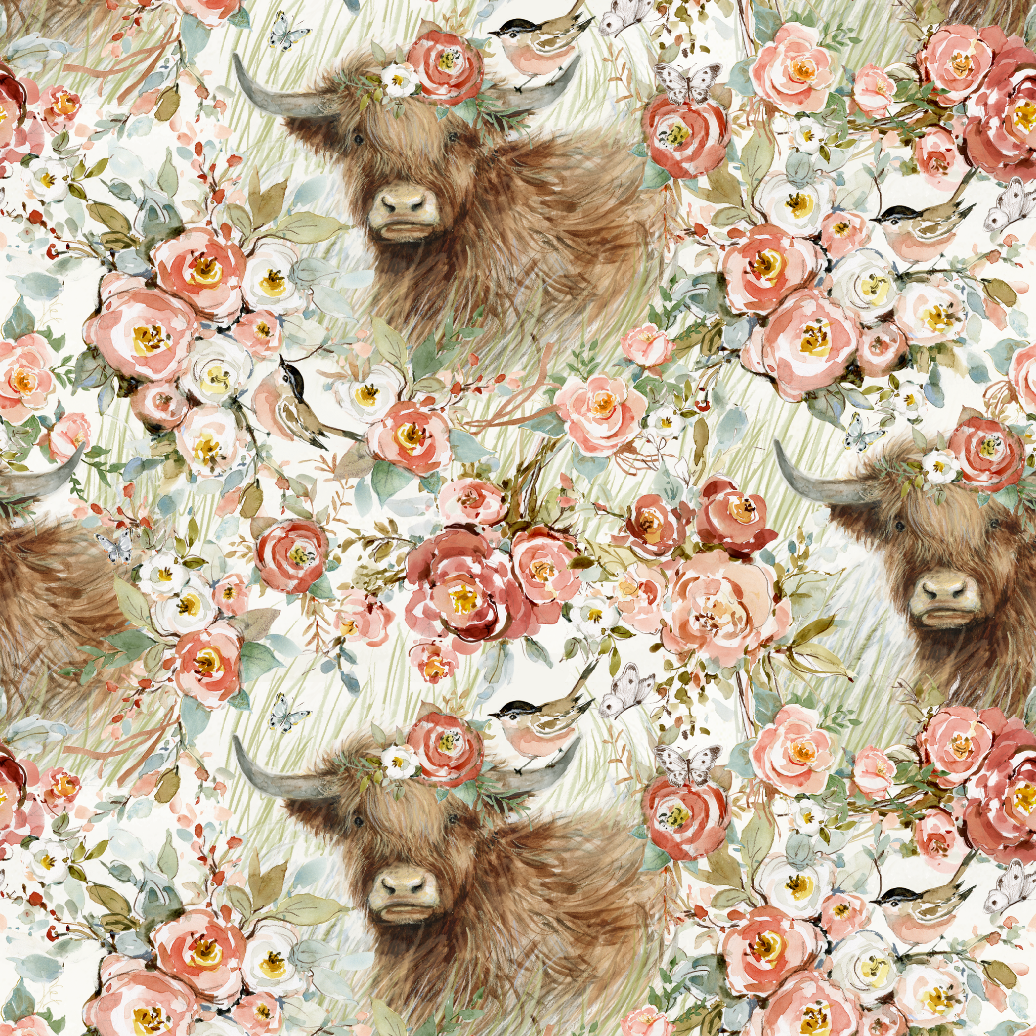 Susan Winget - Highland Bloom - Coral Floral Cattle | Fabric by the Yard