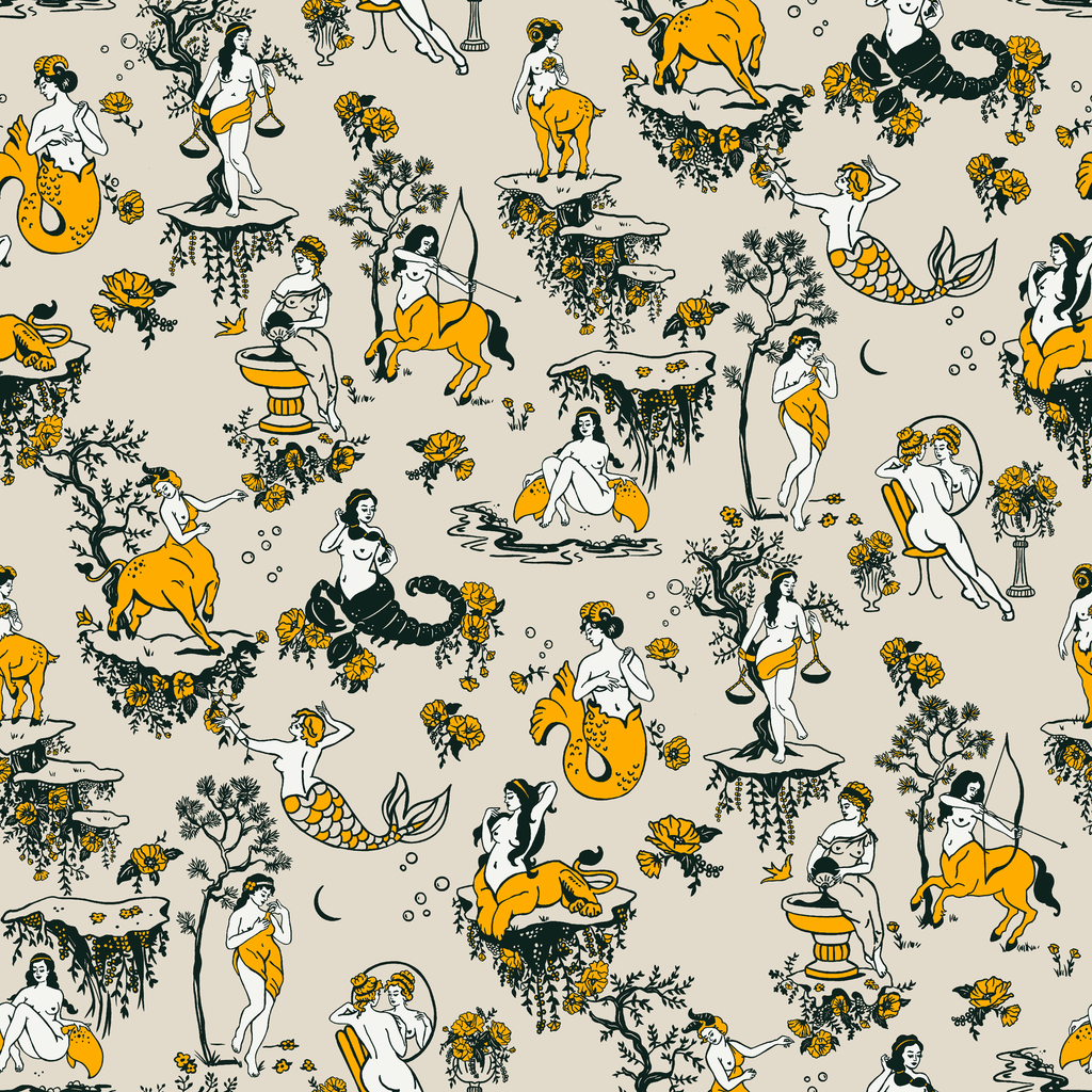 Whiskey Ginger Zodiac Toile Yellow | Peel & Stick Wallpaper