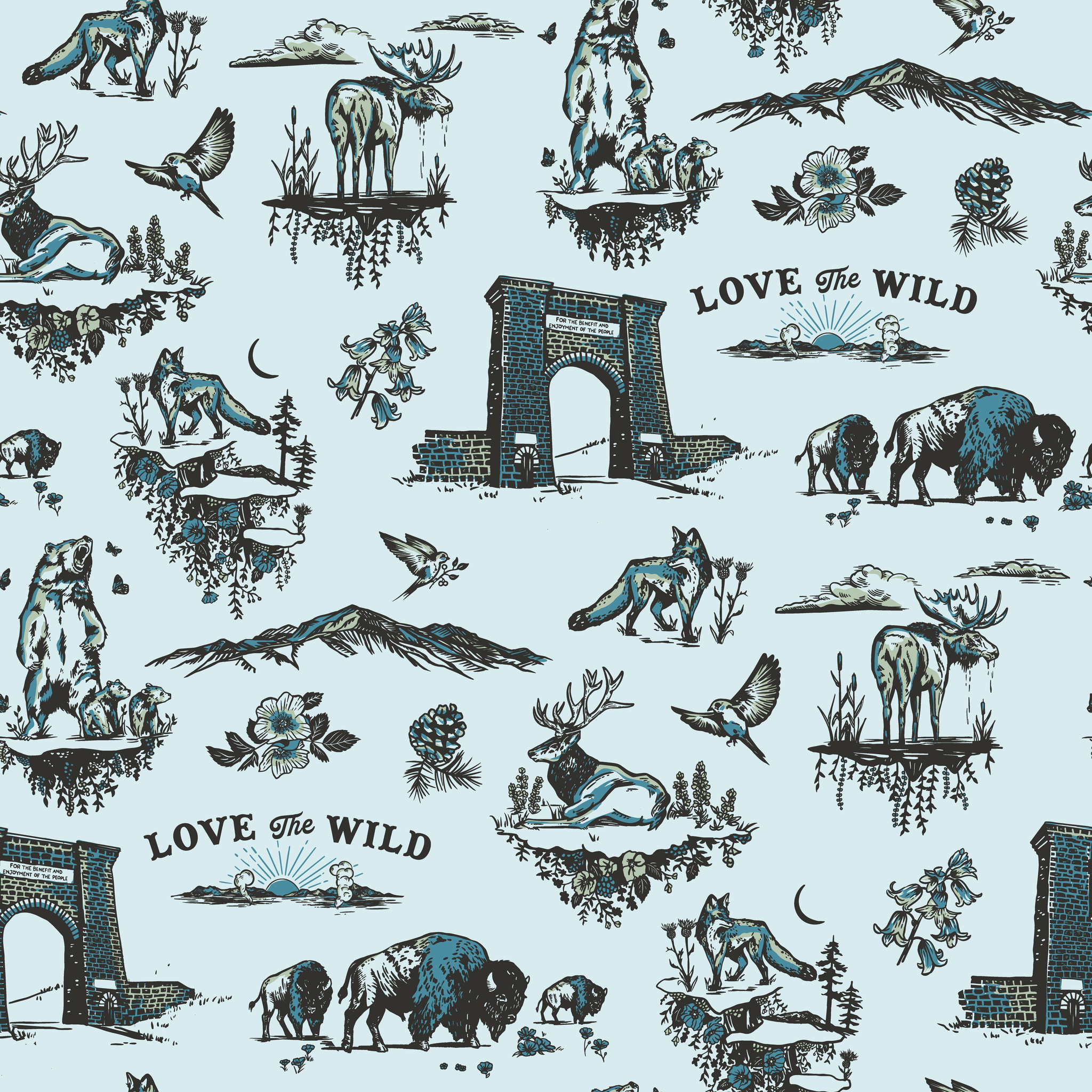 Whiskey Ginger Yellowstone Wildlife Blue | Fabric by the Yard