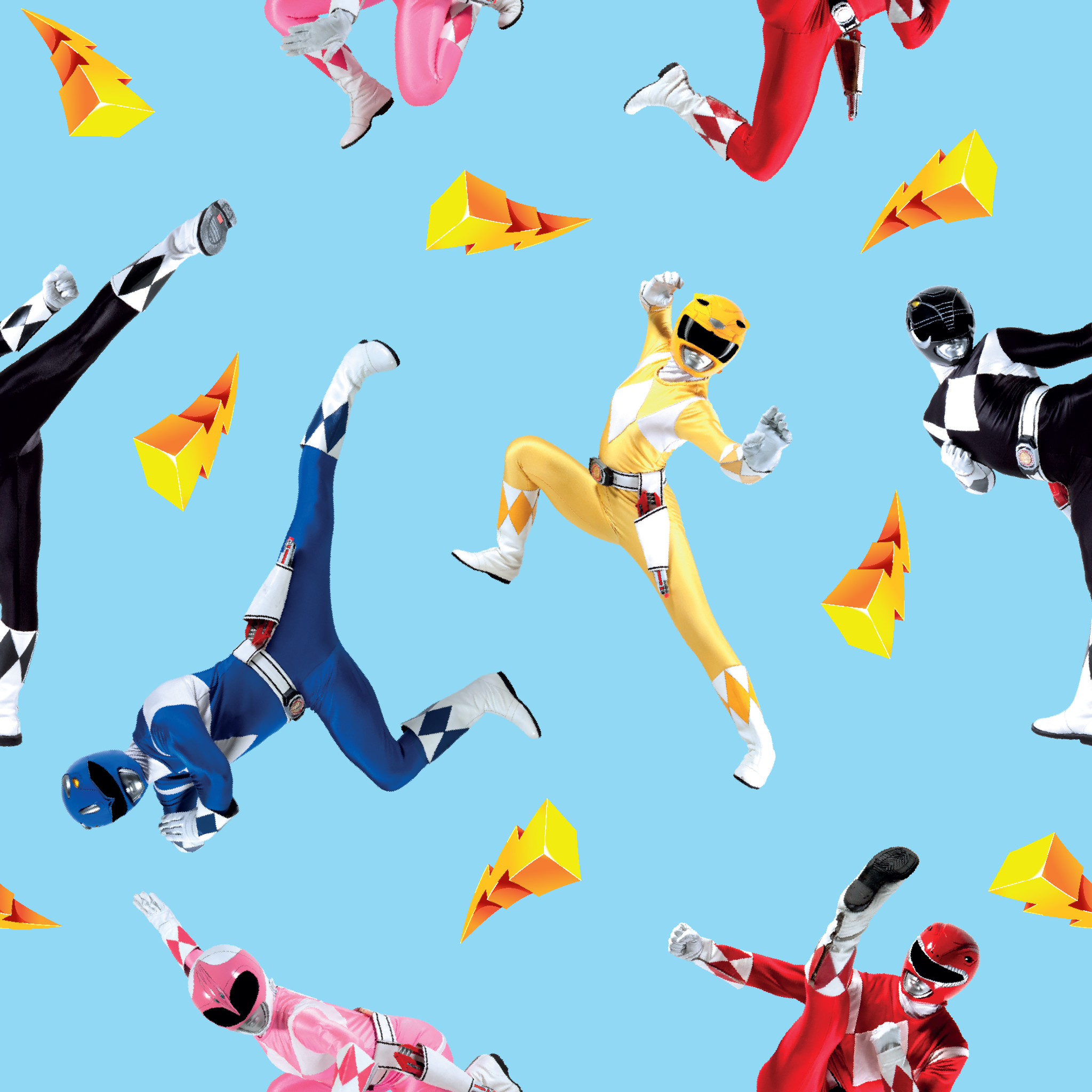 Hasbro Power Rangers Colorful Superhero Action on Blue | Fabric by the Yard