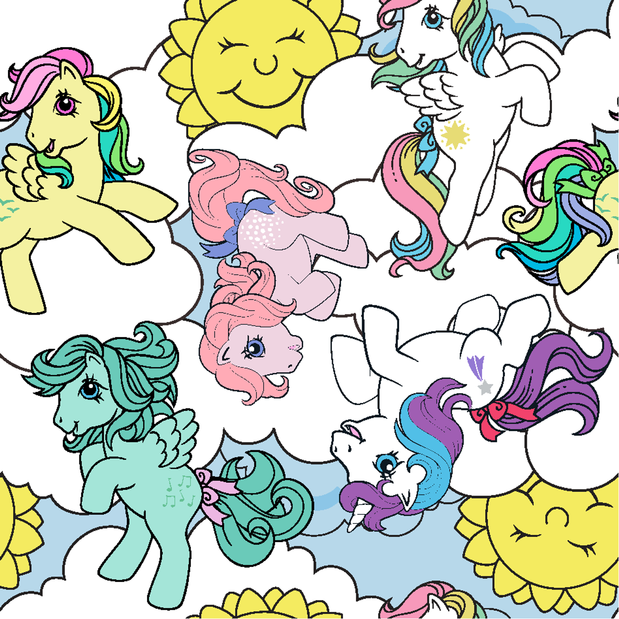 Hasbro My Little Pony Vintage Pastel Ponies on Clouds | Fabric by the Yard