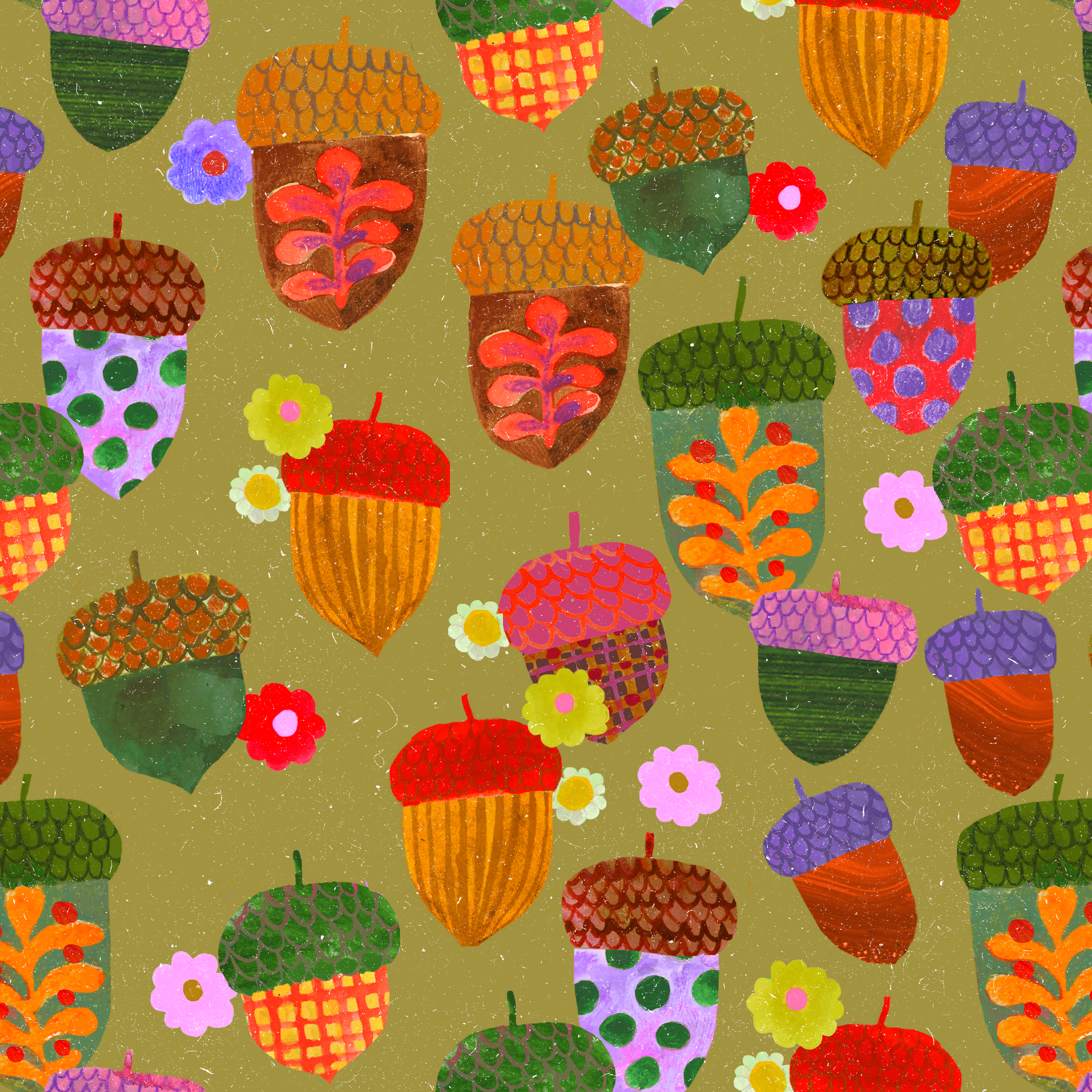 Shannon Snow Colorful Acorns on Green | Fabric by the Yard