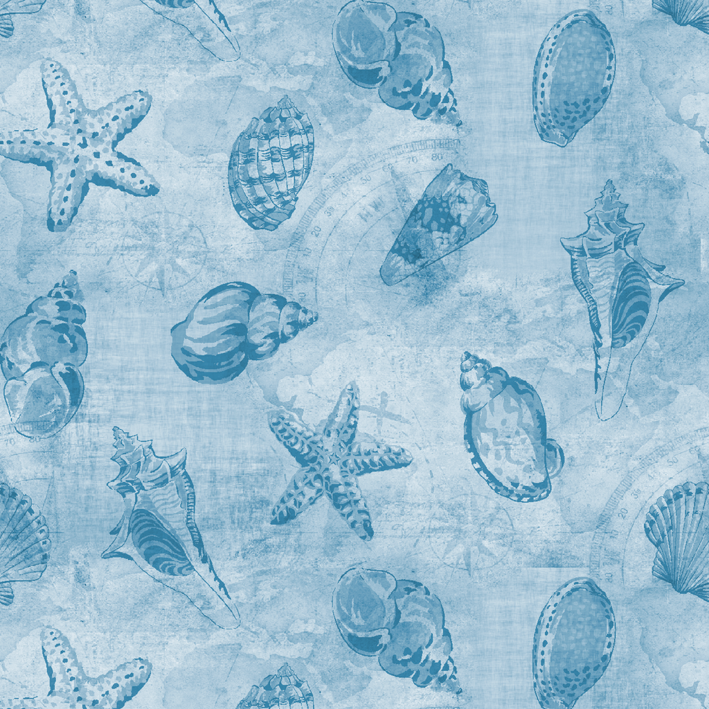 Shells and Starfish on Blue | Fabric by the Yard