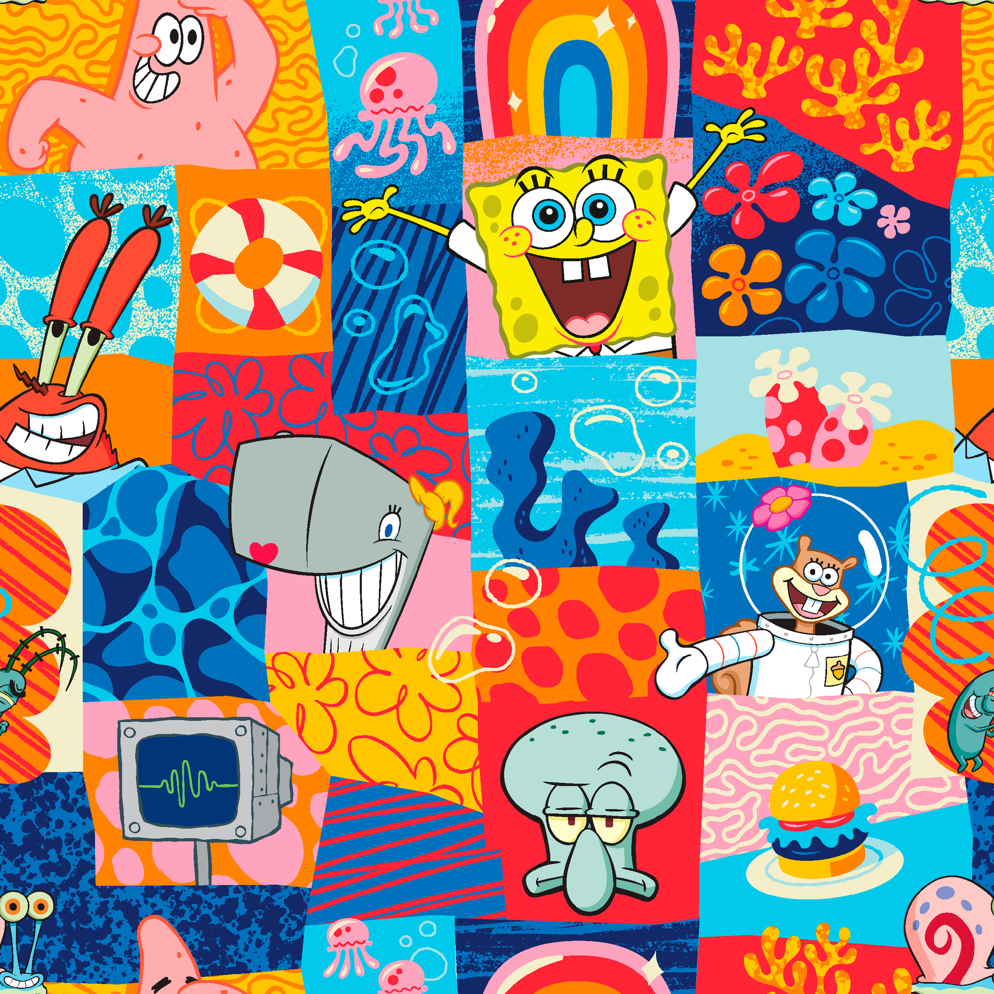 Nickelodeon SpongeBob SquarePants Colorful Patchwork | Fabric by the Yard