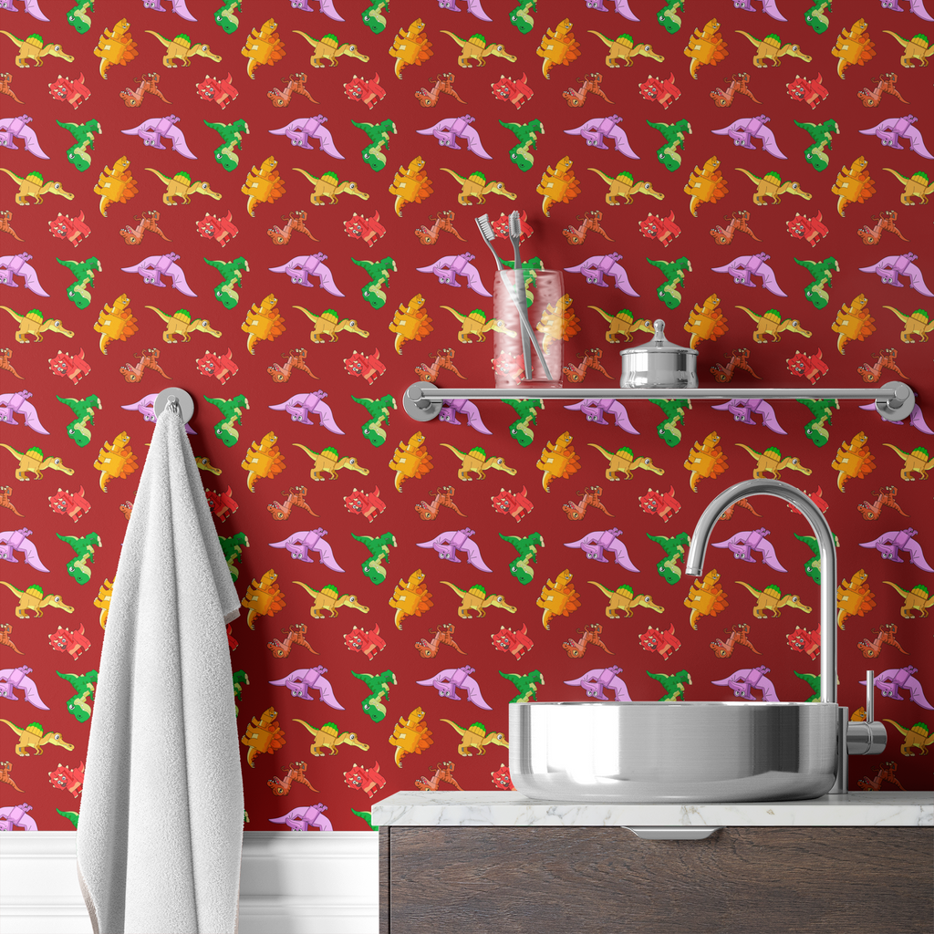 English Tree Colorful Cartoon Dinosaurs on Red | Peel & Stick Wallpaper