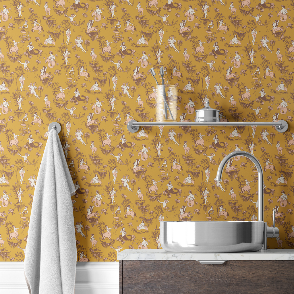 Whiskey Ginger Zodiac Toile Gold | Peel & Stick Wallpaper