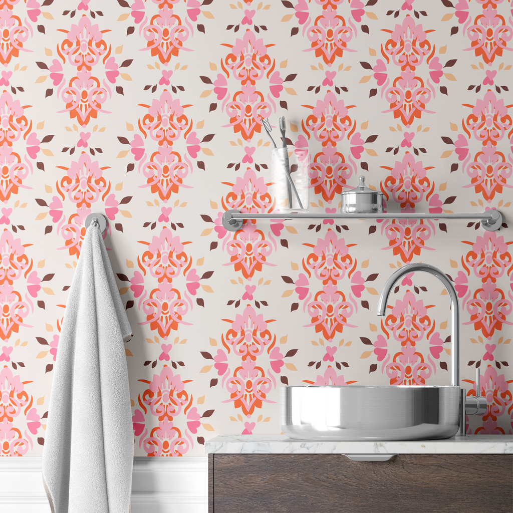 Hearts A Fire on Coral Sun | Peel & Stick Wallpaper