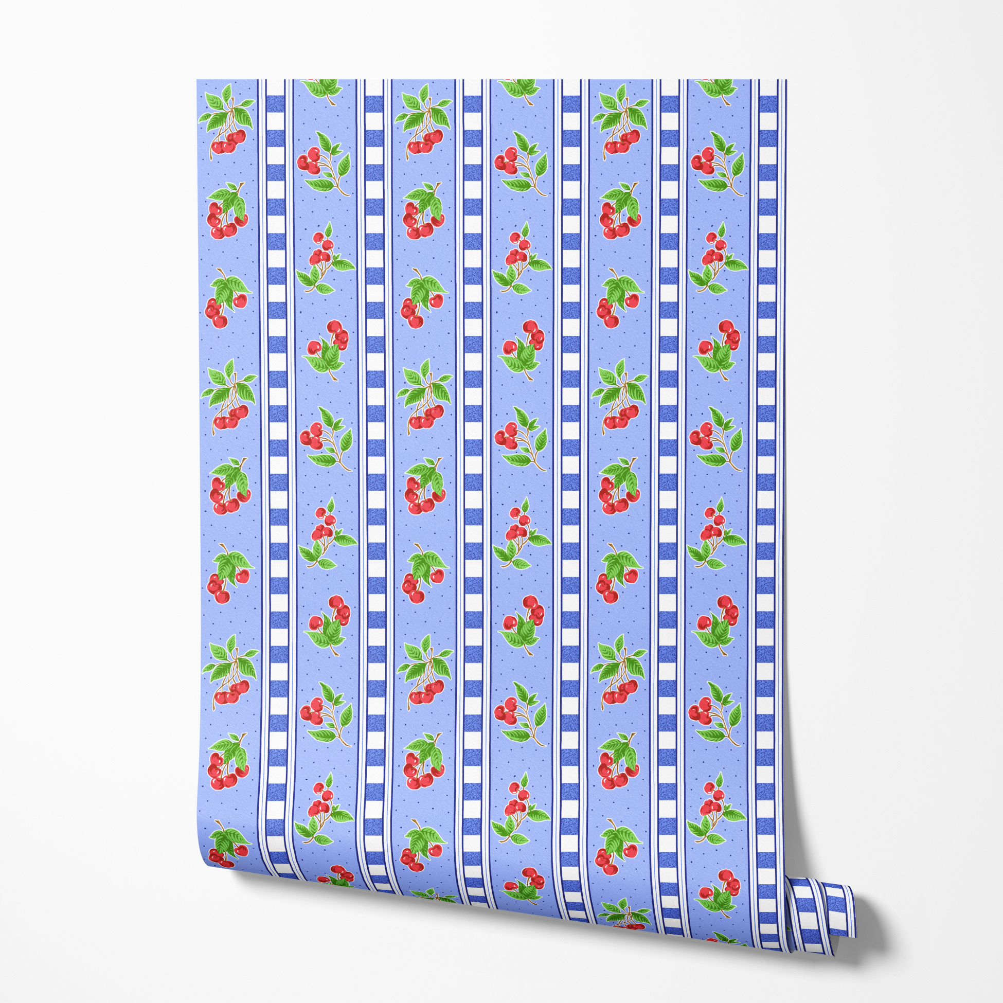 Cherry Stripes on Blue Pattern | Peel & Stick Wallpaper