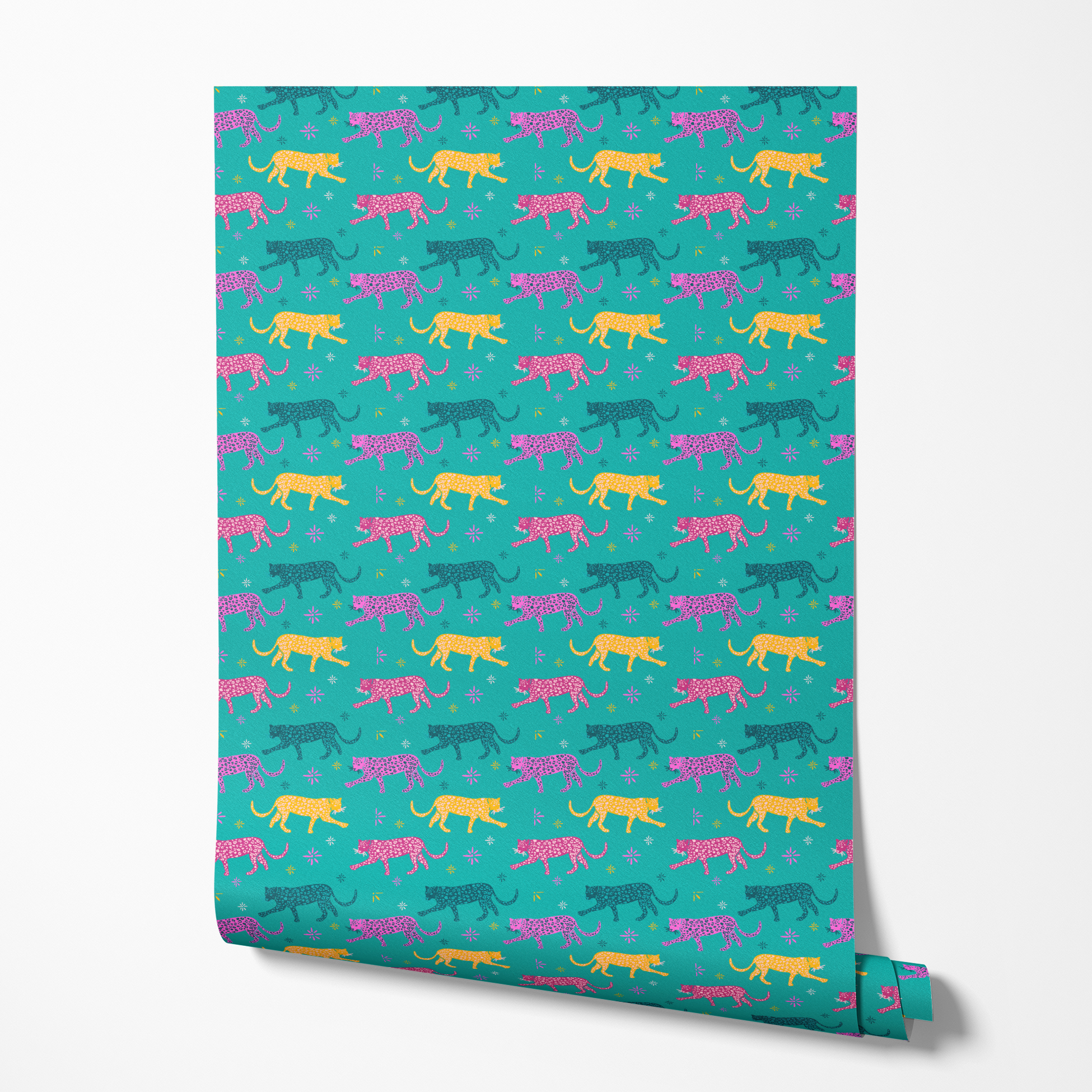 EttaVee Colorful Leopards on Teal | Peel & Stick Wallpaper