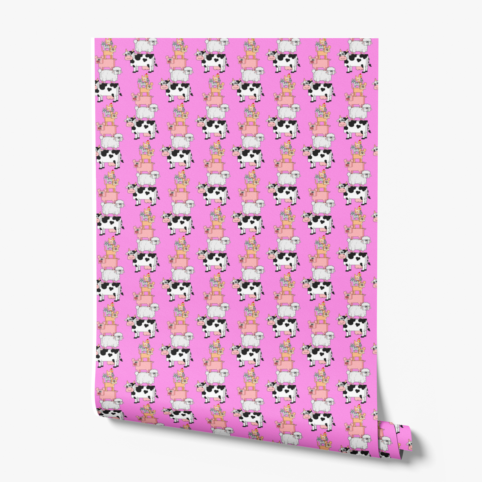 English Tree Farm Animals Stack on Pink | Peel & Stick Wallpaper